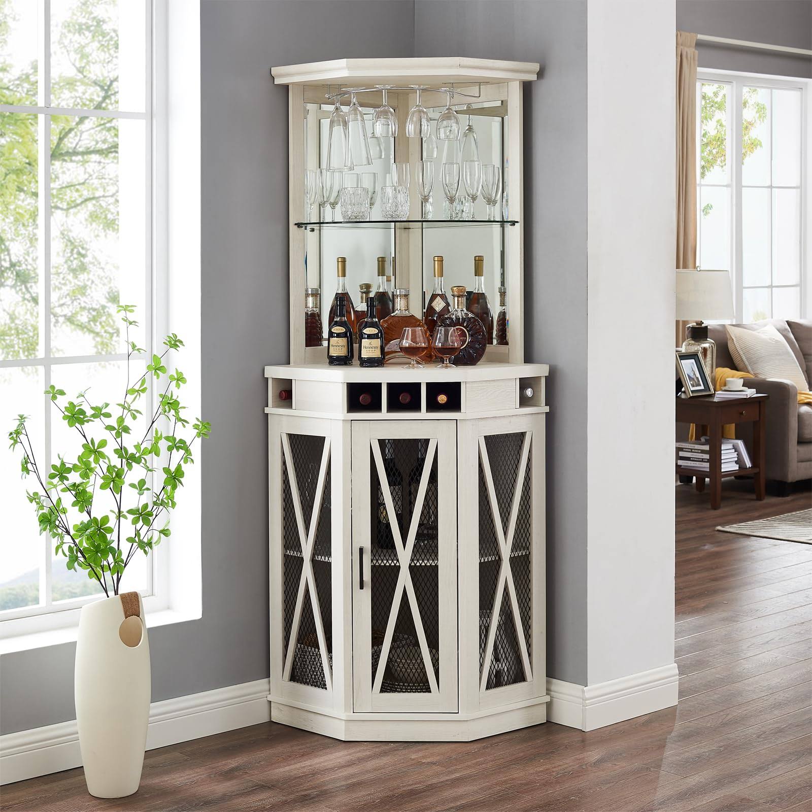 Home Source Stone Grey Corner Bar Unit with Built-In Wine Rack and ...